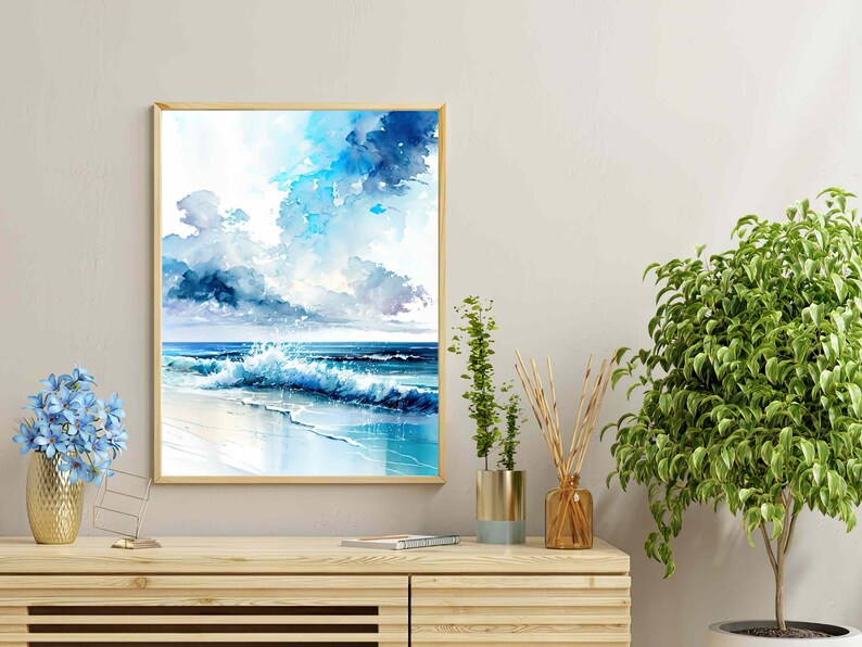 Serene Beachscape Illustration | Tranquil Blue Watercolor Painting ...