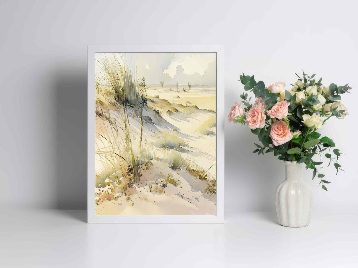 Tranquil Summer Beach Landscape Muted Watercolor Painting Serene ...