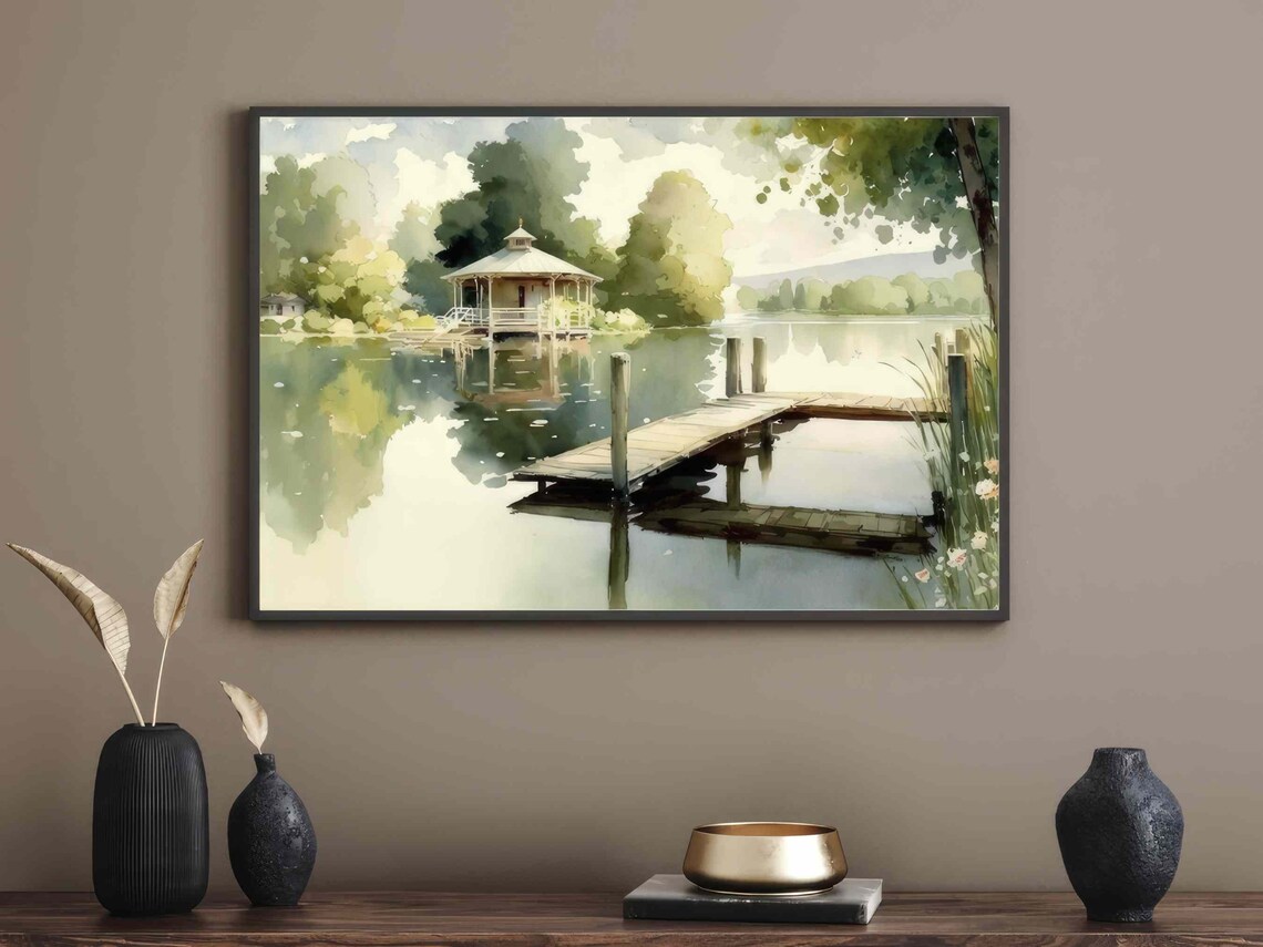 Muted Green Watercolor Painting of Serene Lake Gazebo and Relaxing ...