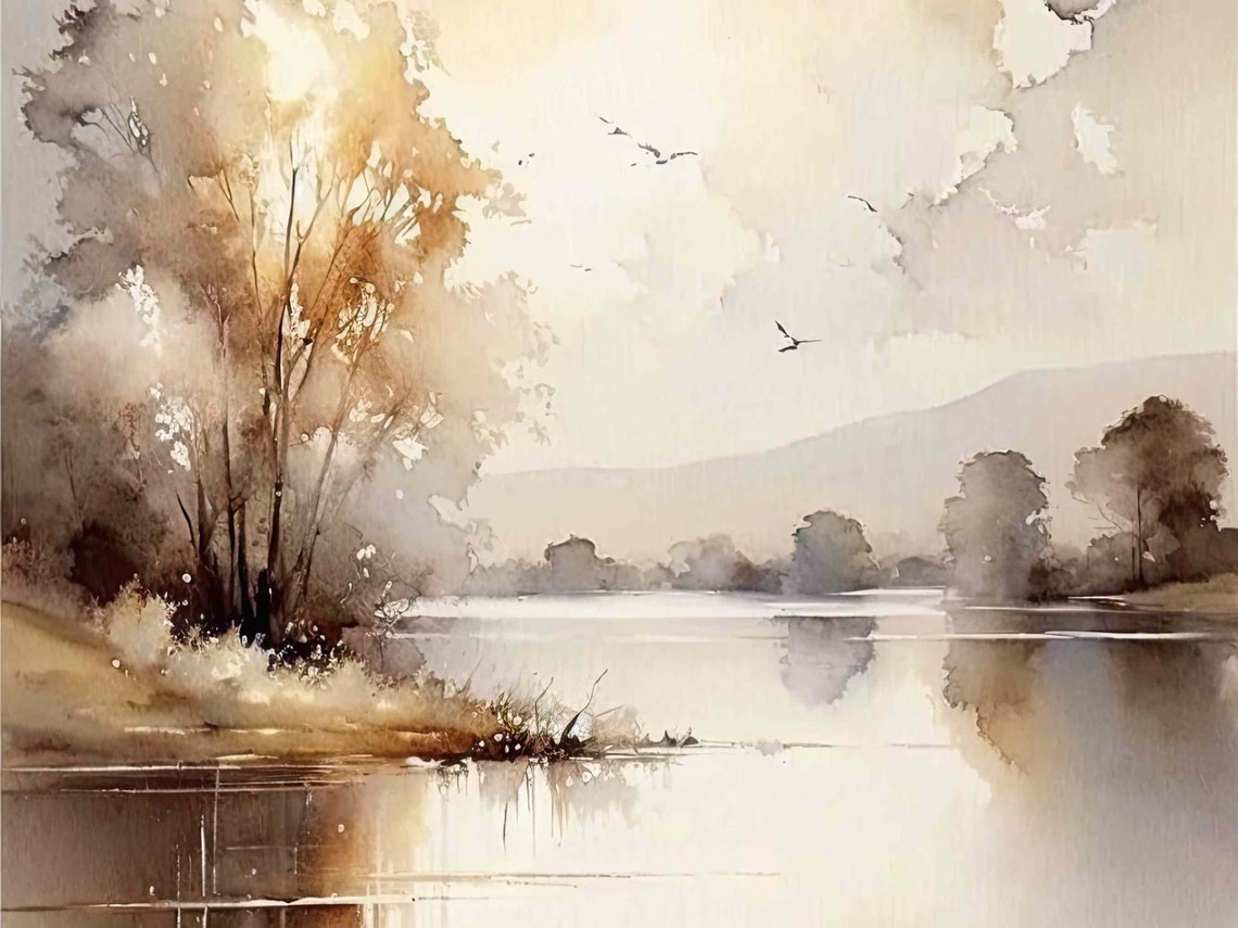 Muted Watercolor Printable Art | Tranquil Lakeside Landscape Painting | Nature Wall Decor ...