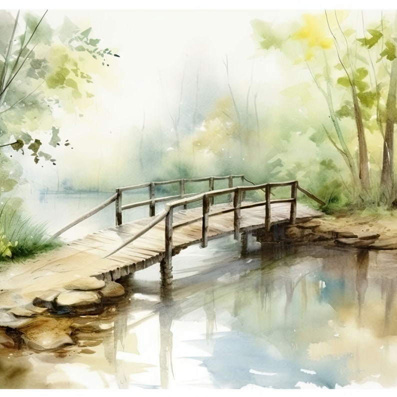 Forest Bridge Watercolor | Printable Art Poster | Wooden Bridge Over ...