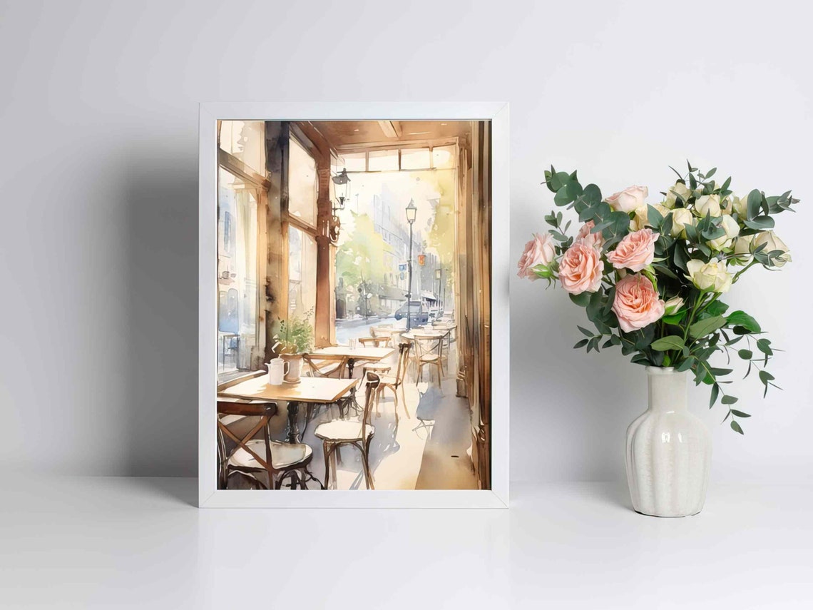 Serene Daytime Street Cafe Interior | Cozy City Cafe Scene Art Print ...