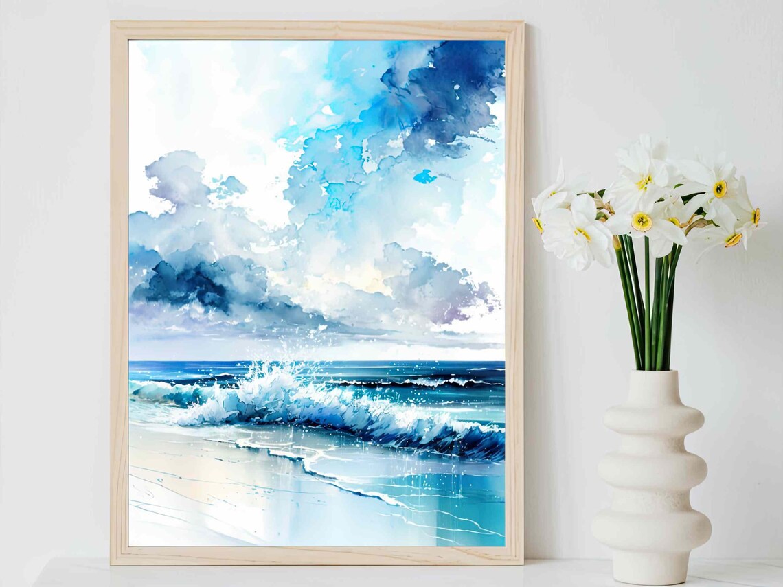Serene Beachscape Illustration Tranquil Blue Watercolor Painting ...