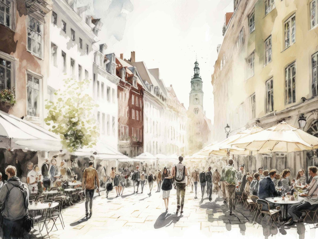 Copenhagen Street Scene Illustration Muted Watercolor Painting of ...
