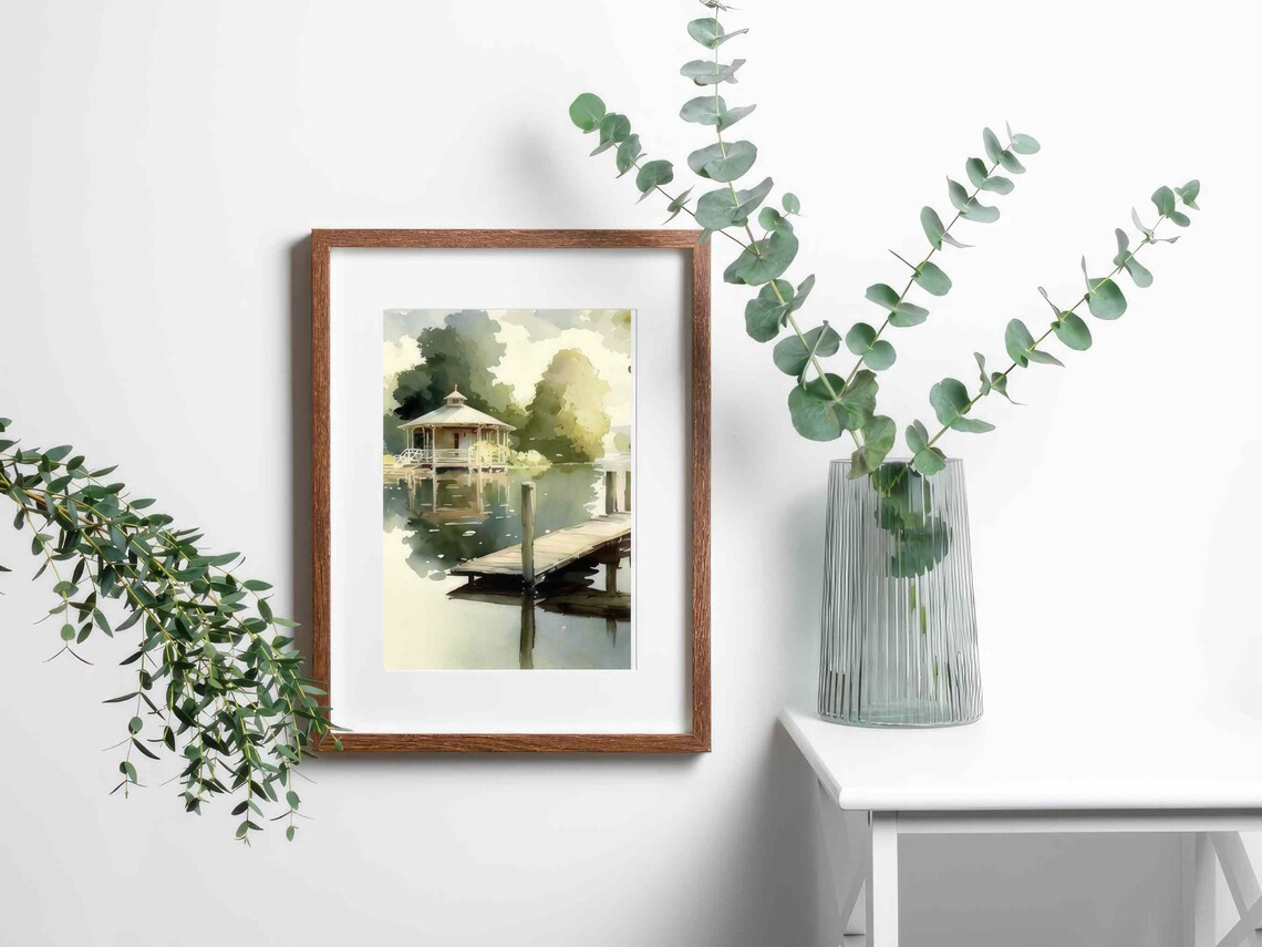 Muted Green Watercolor Painting of Serene Lake Gazebo and Relaxing ...