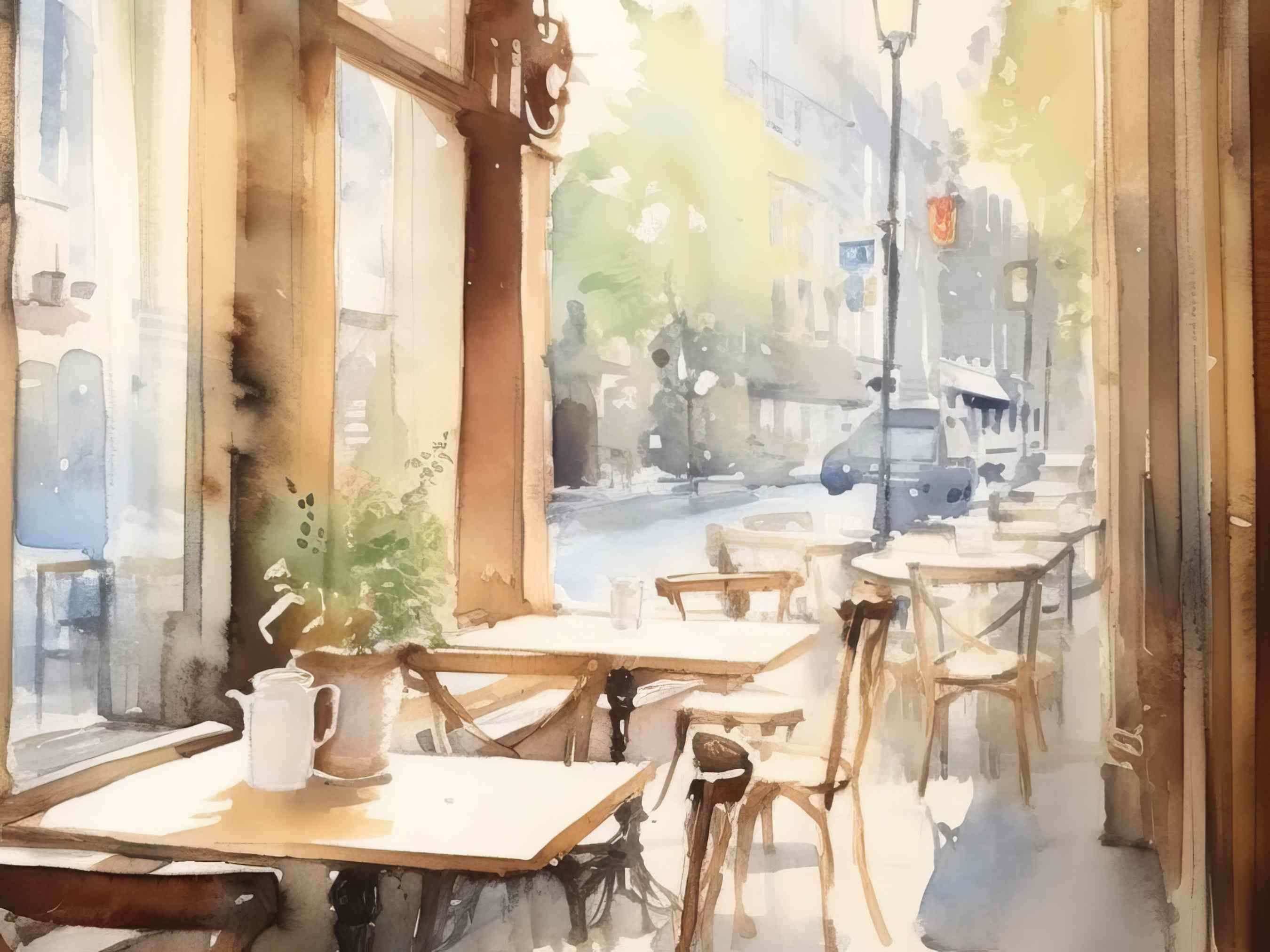 Serene Daytime Street Cafe Interior | Cozy City Cafe Scene Art Print ...
