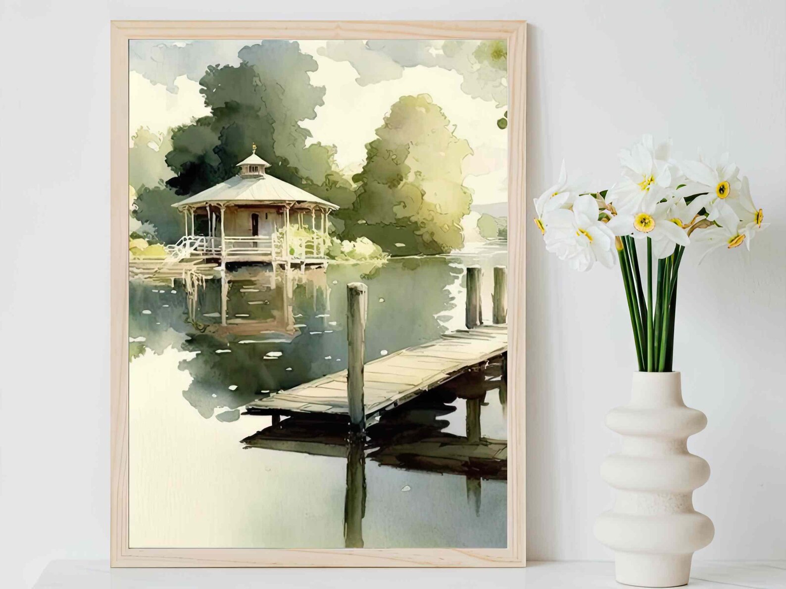 Muted Green Watercolor Painting of Serene Lake Gazebo and Relaxing ...