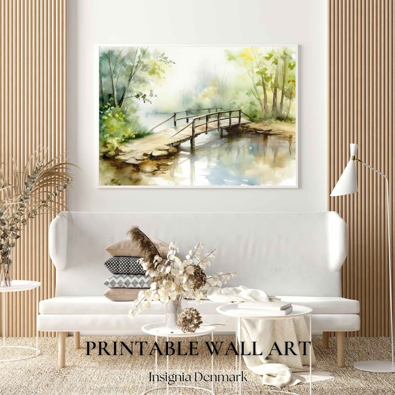 Forest Bridge Watercolor | Printable Art Poster | Wooden Bridge Over ...