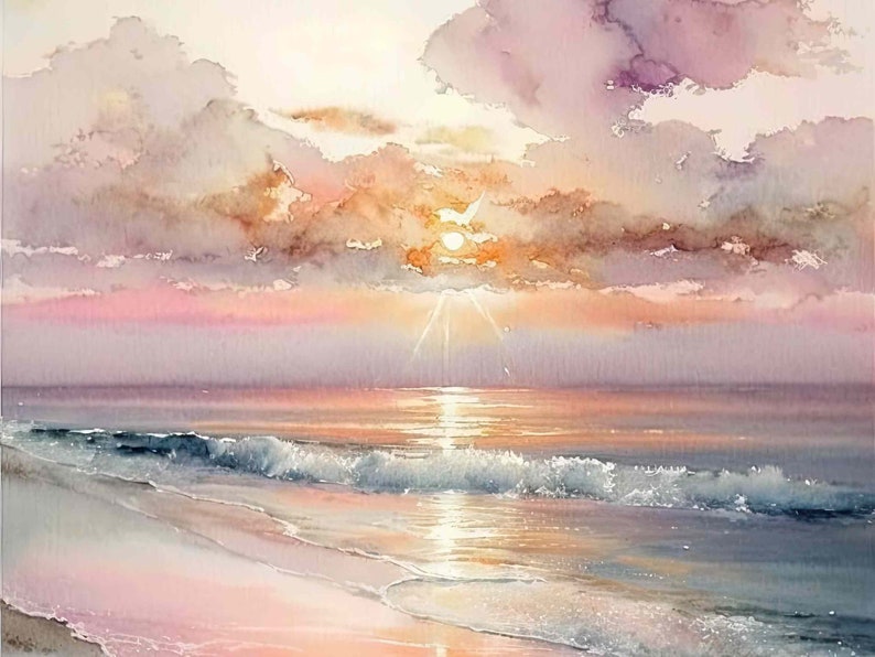 Pastel Beach Sunset Watercolor Print | Tranquil Coastal Wall Art ...