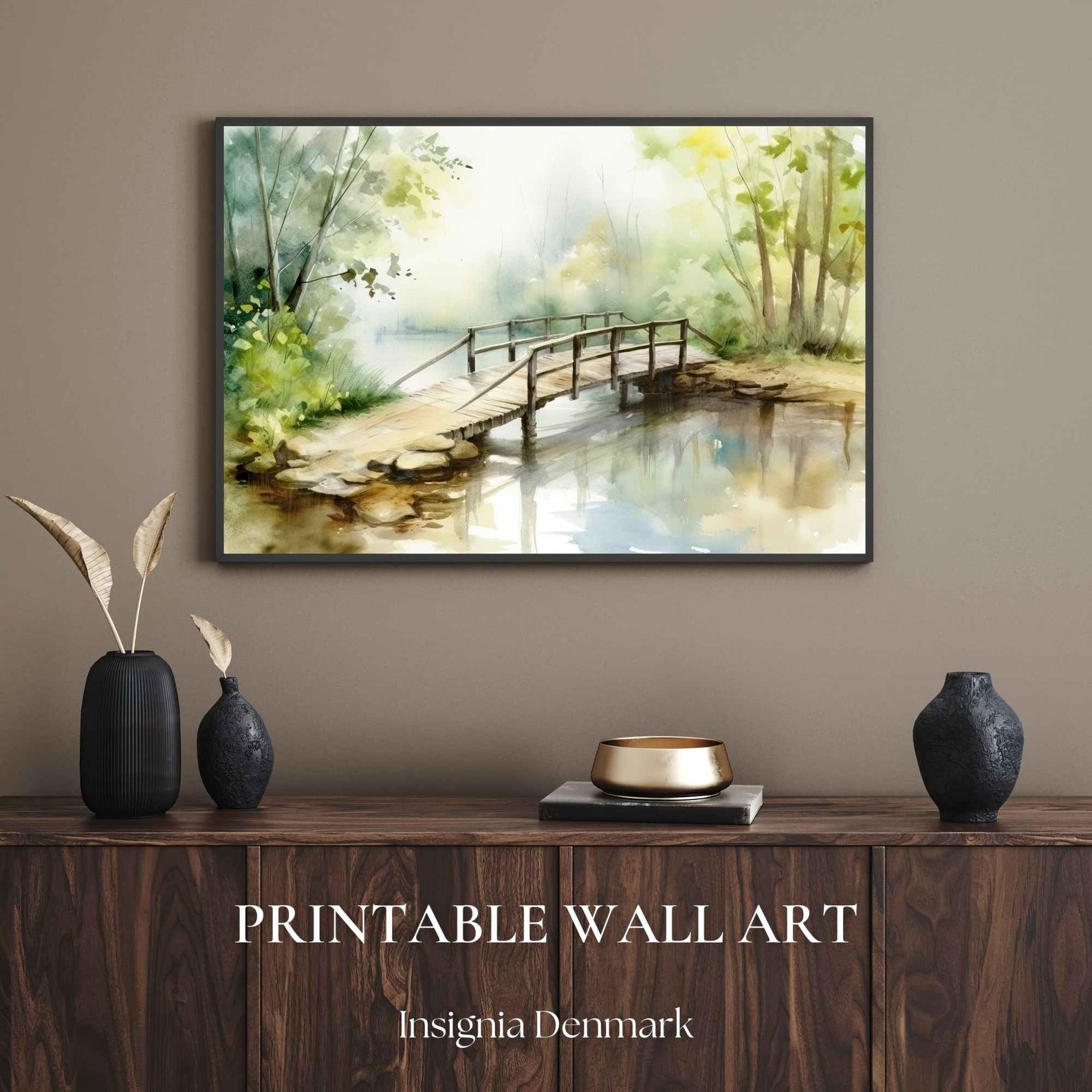Forest Bridge Watercolor | Printable Art Poster | Wooden Bridge Over ...