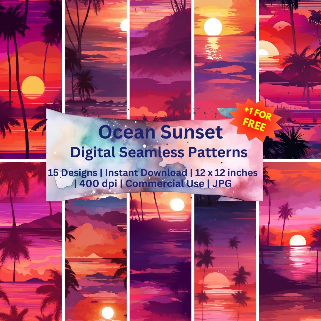 Ocean Sunset Seamless Patterns - 15 Designs – 12x12in – Commercial Use ...