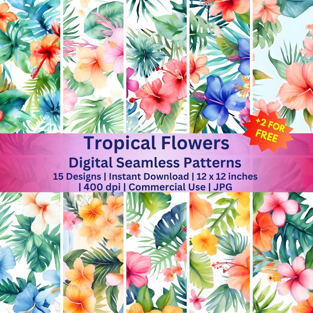 Tropical Flower Digital Seamless Patterns – 15 Designs – 12x12in ...