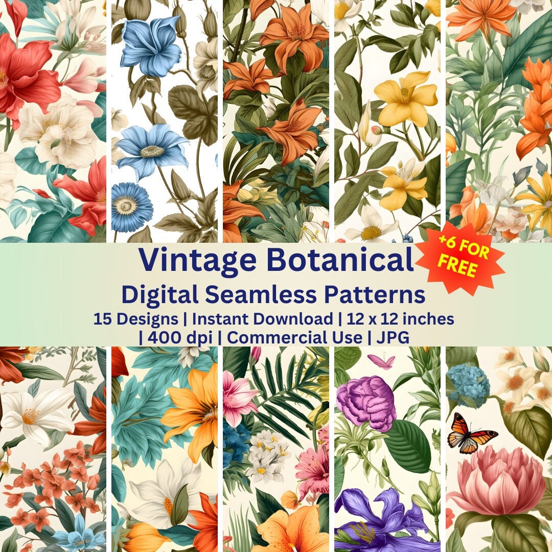 Vintage Botanical Digital Seamless Patterns - 15 Designs – 12x12in ...