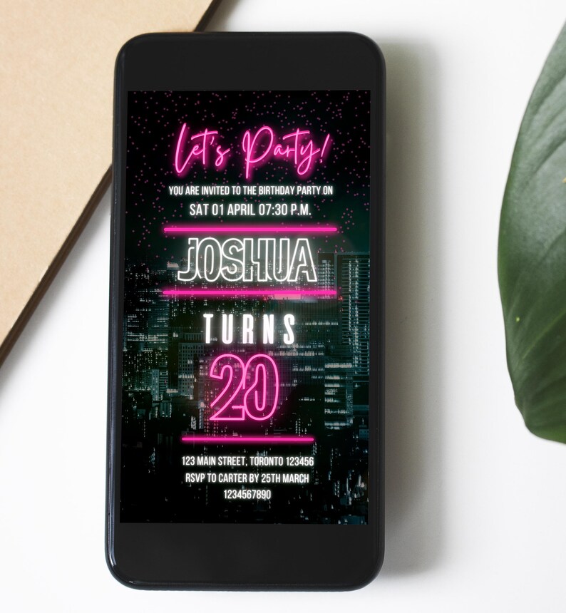 Neon Pink Birthday Invite Template Digital Download Electronic Birthday ...