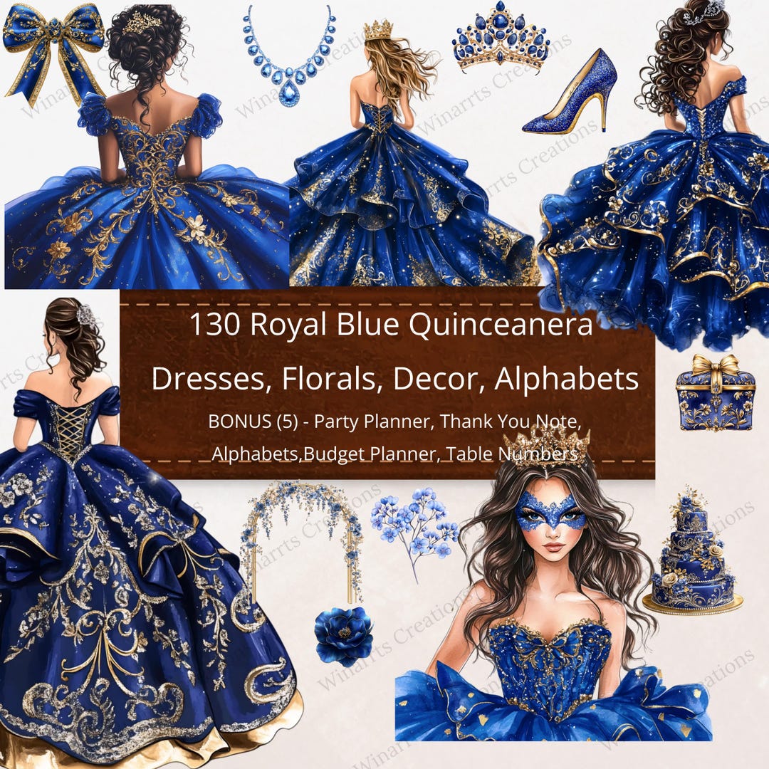 130 Royal Blue Quinceanera Flowers Alphabets Clipart Digital Download ...