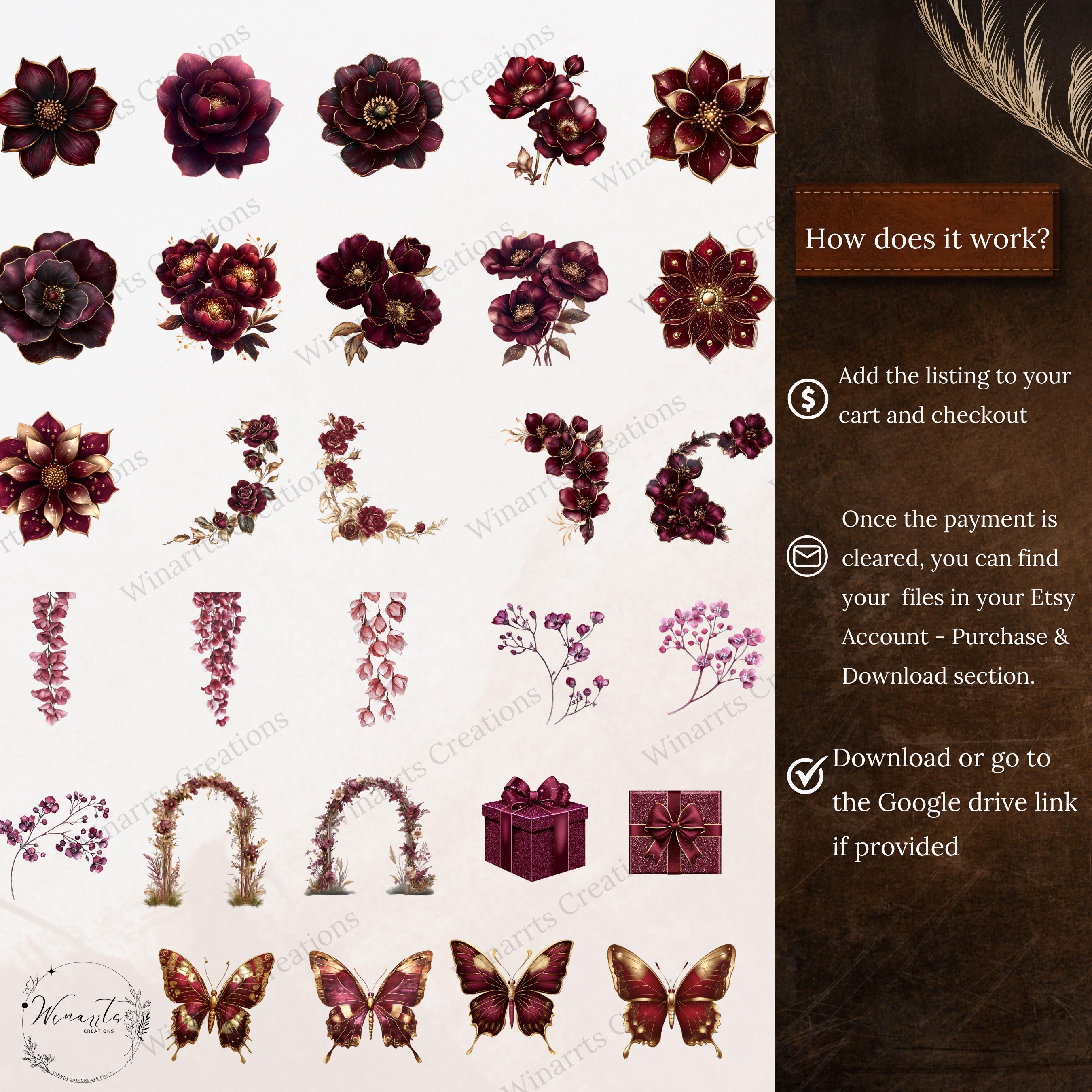 135 Burgundy Quinceanera Flowers Alphabets Clipart Digital Download PNG ...