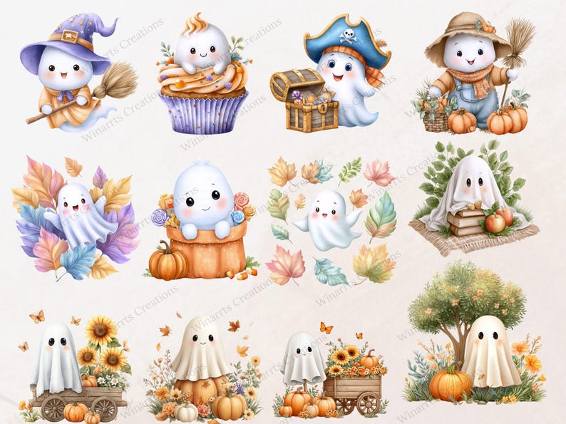Cute Ghost Clipart Halloween Watercolor Clipart Digital Download PNG ...