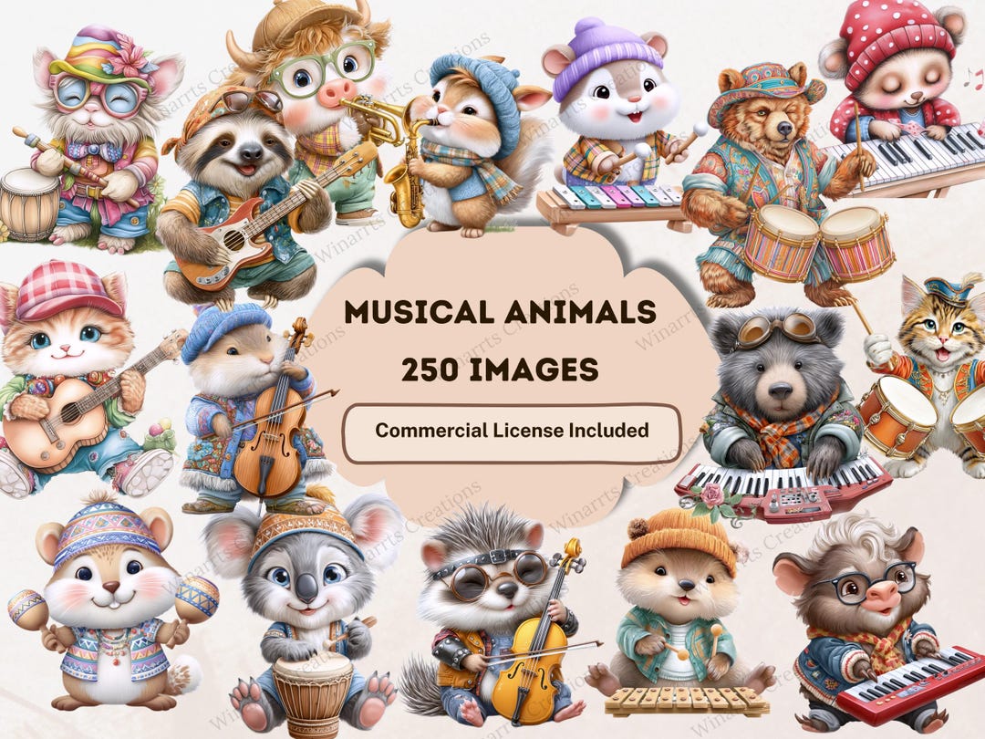 Cute Musical Animals Clipart 250 Woodland Animals Rockstar Digital ...