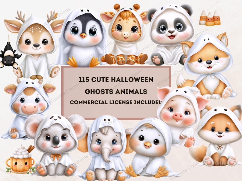Halloween Cute Ghost Animals Clipart Digital Download Halloween 115 PNG ...