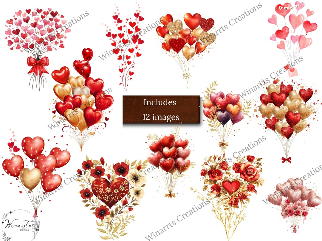 12 Valentine Day Heart Balloons Clipart Digital Download PNG Printable ...