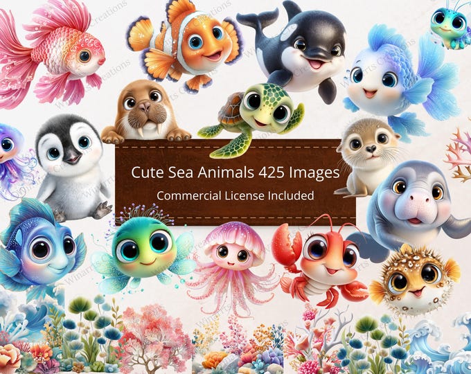 Sea Animals for Boys - Clipart and Digital Paper Set - Etsy Canada