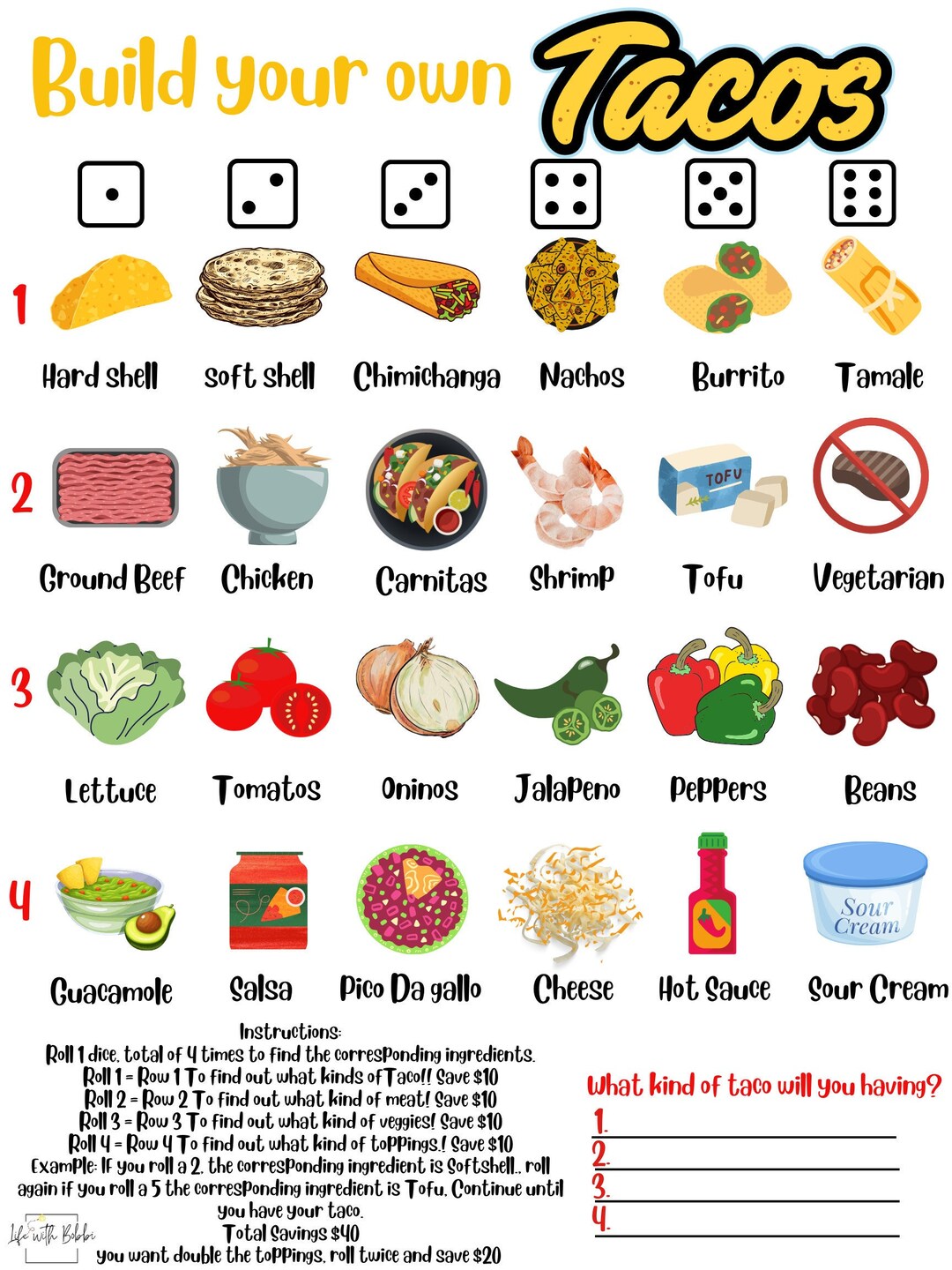 Build Your Own Taco Saving Challenge - Etsy