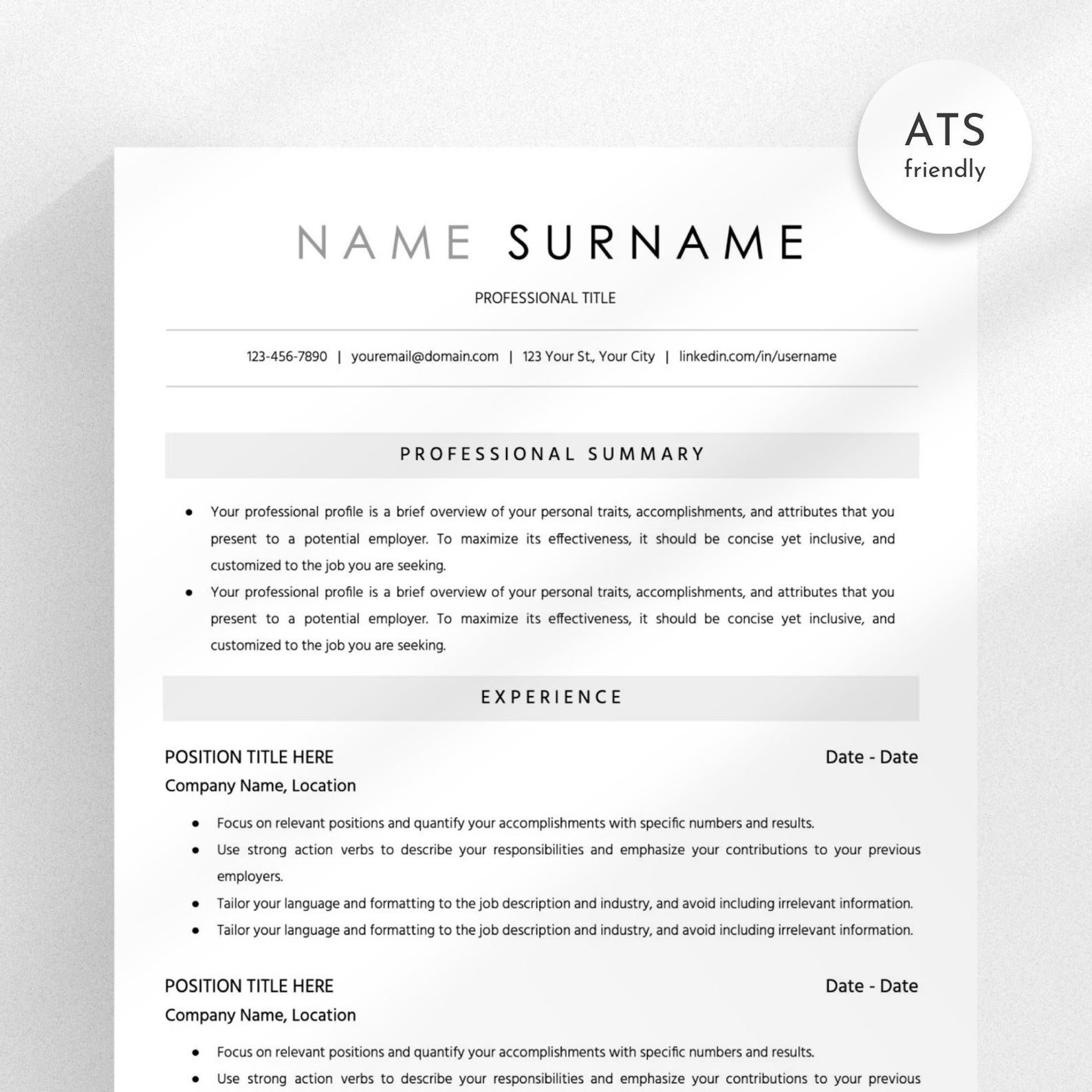ATS Resume Template, ATS Friendly Resume Template Word, Resume Template ...