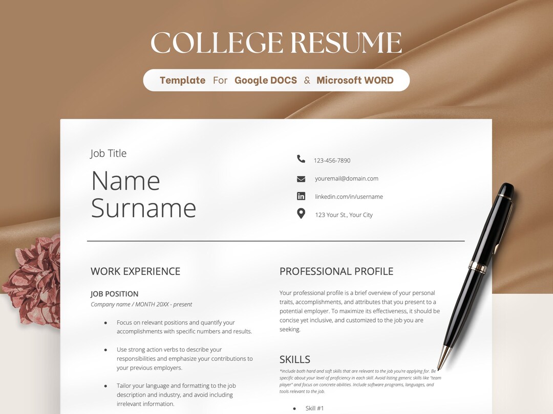 College Resume Template for Google Docs and Word, Freshman and Student ...