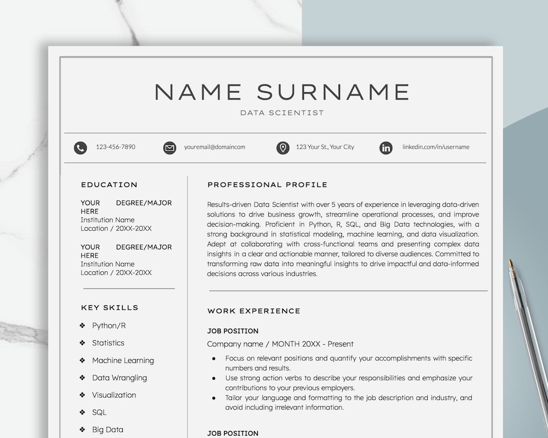 Data Science Resume Template Google Docs Easy to Use Modern - Etsy