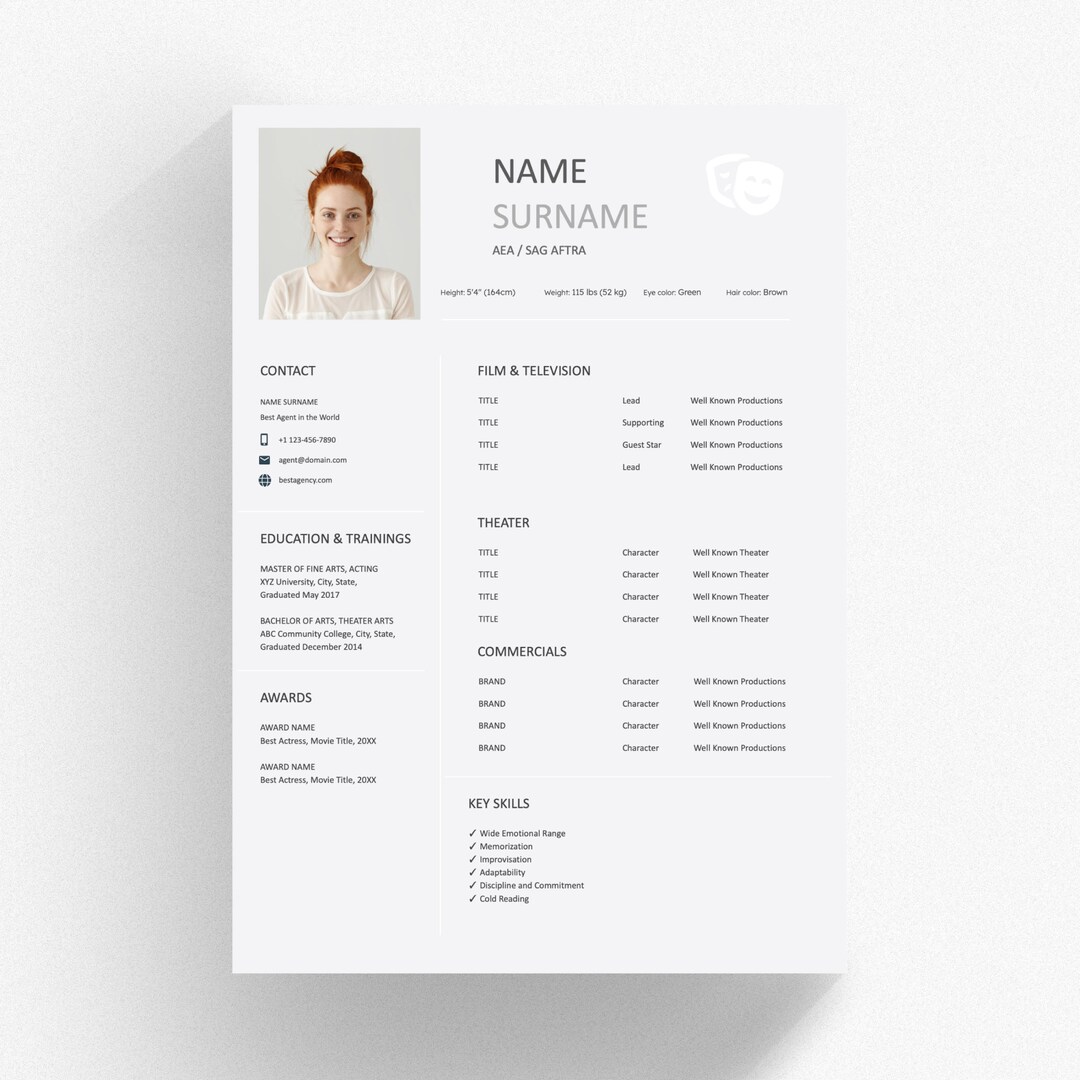 Resume Template for Actor Made in Google Docs, Creative and Modern ...