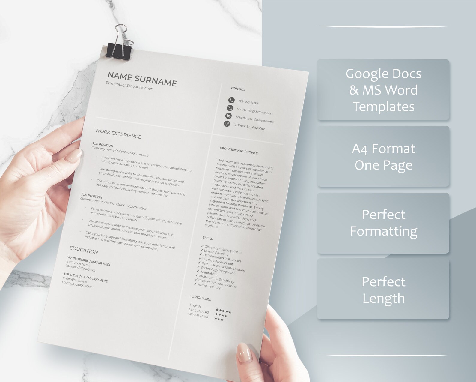 Modern Teacher Resume Template for Google Docs and Word Clean - Etsy