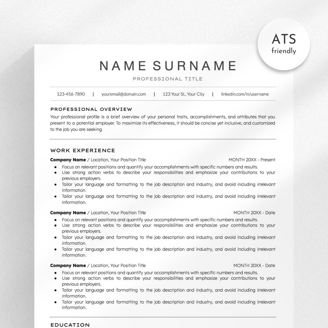ATS Friendly Resume Template Word, Google Docs, ATS Resume, ATS Cv ...