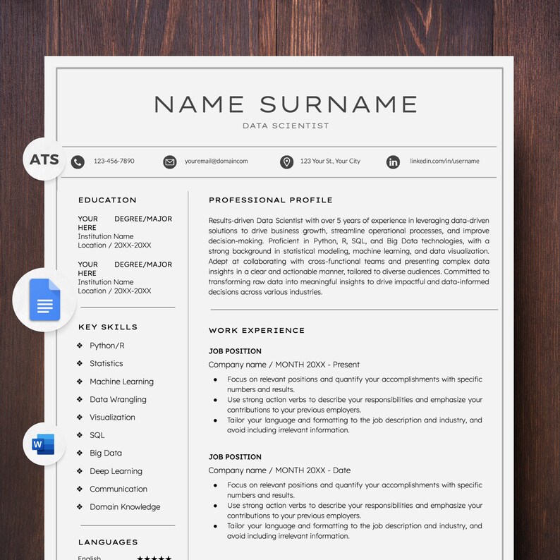 Data Science Resume Template Google Docs Easy to Use Modern - Etsy