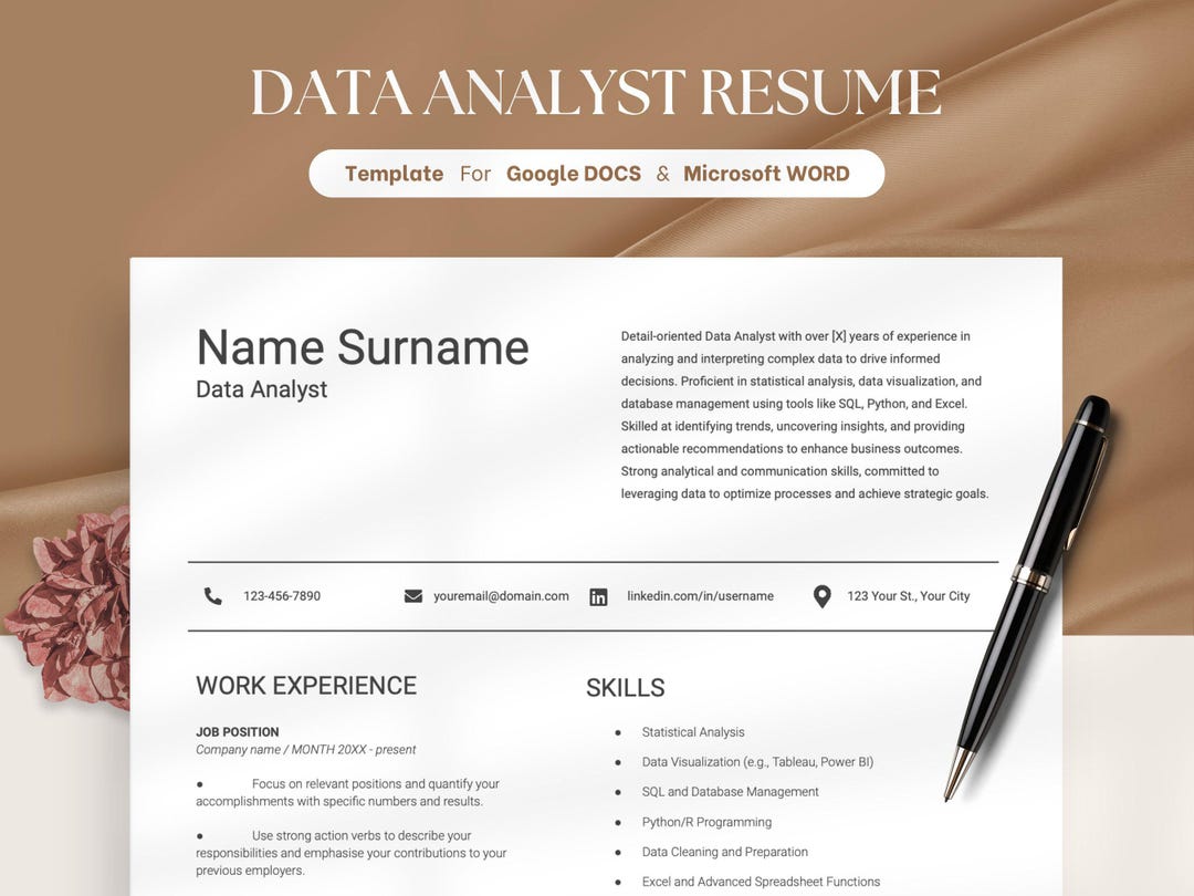 Data Analyst Resume ATS Friendly Resume Template for Google Docs, Word ...