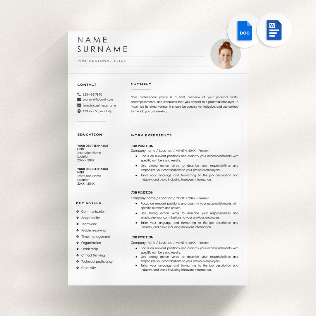 Professional Resume Template With Photo, CV Template (google Docs ...