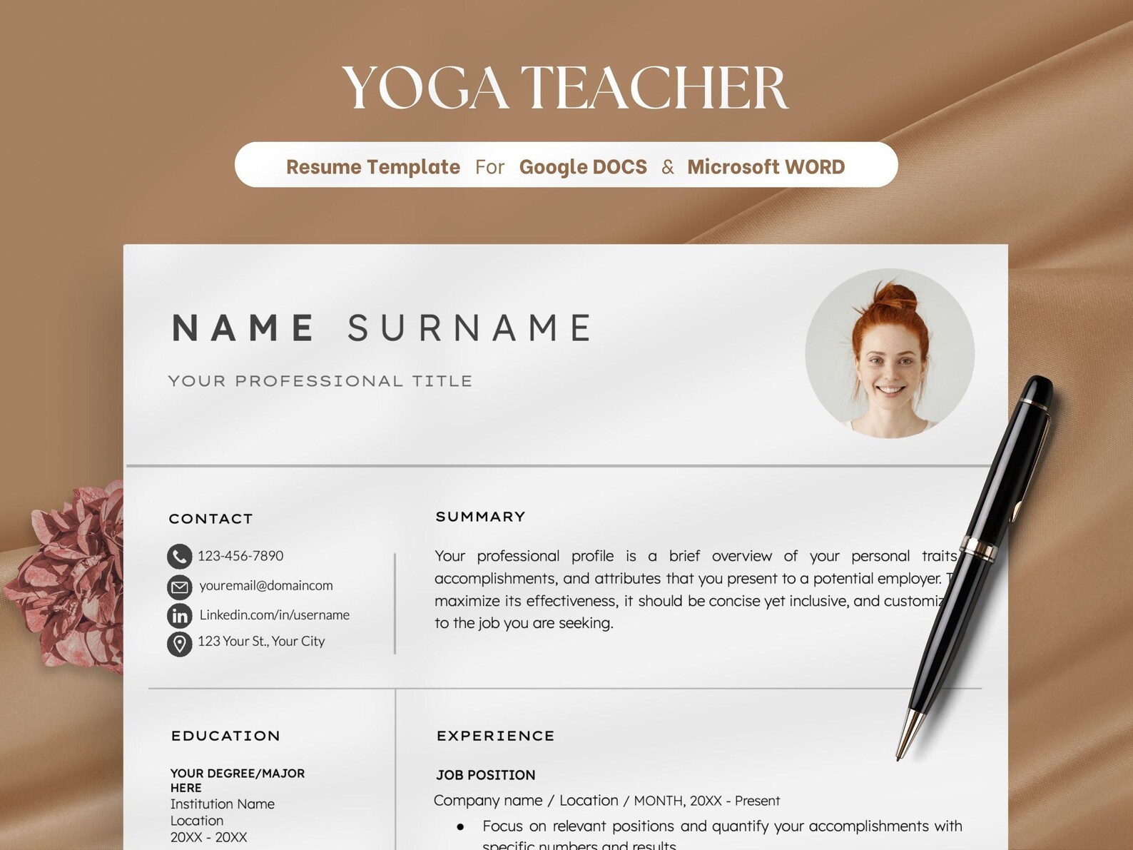 Yoga Teacher Resume Template, Professional CV With Photo (google Docs ...