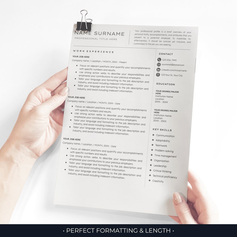 Modern Resume Template With Cover Letter, Simple One Page CV, Modern ...