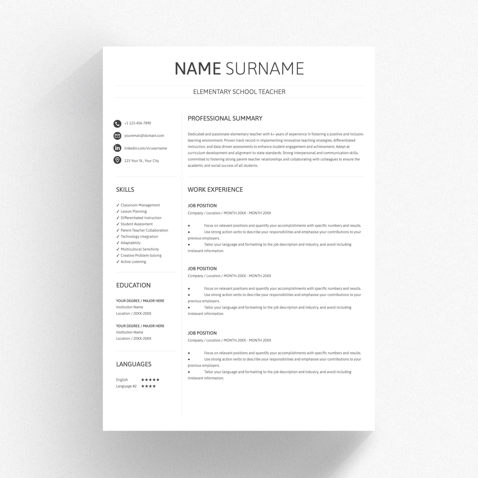 Teacher Resume Template, for Google Docs and Word, Simple and Clean ...