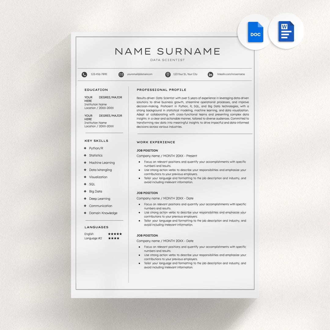 Data Science Resume Template Google Docs - Easy to Use Modern ...