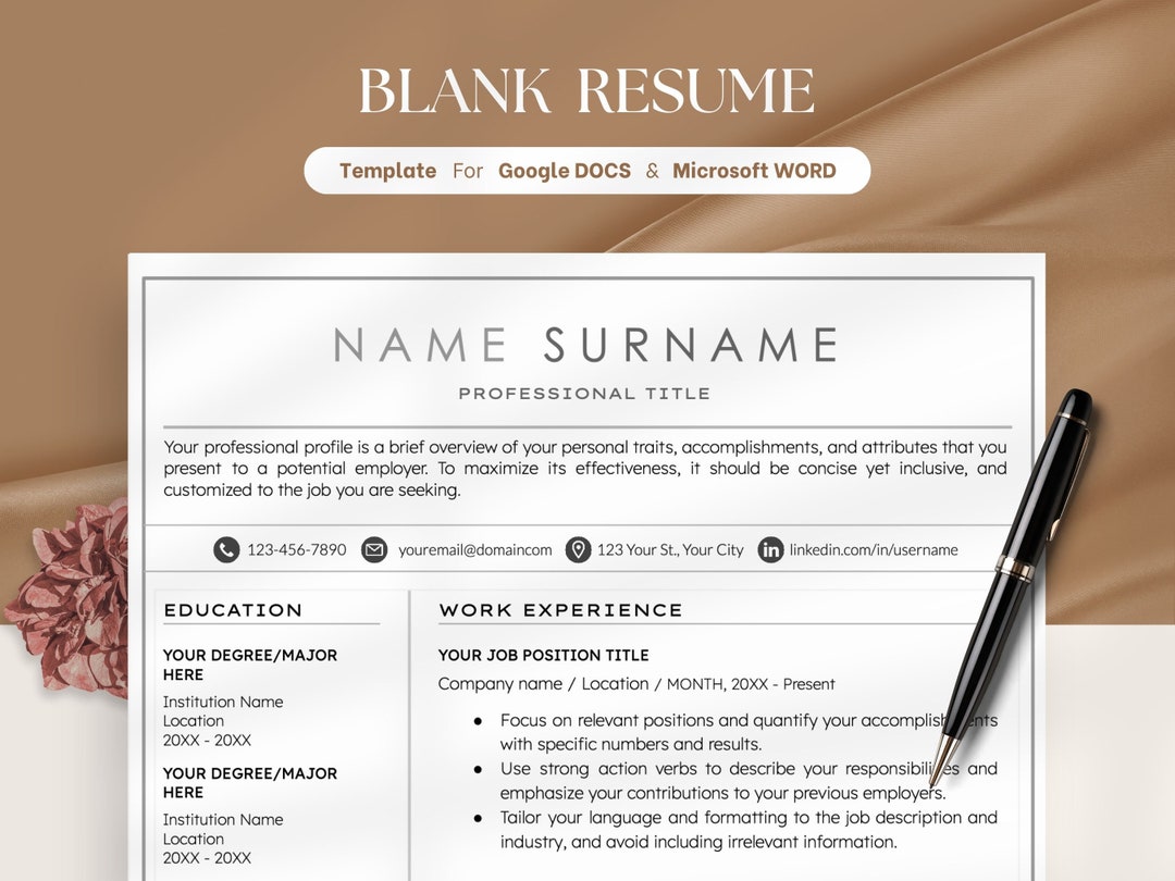 Blank Resume Template, Printable Minimalist Resume Template, Simple ...