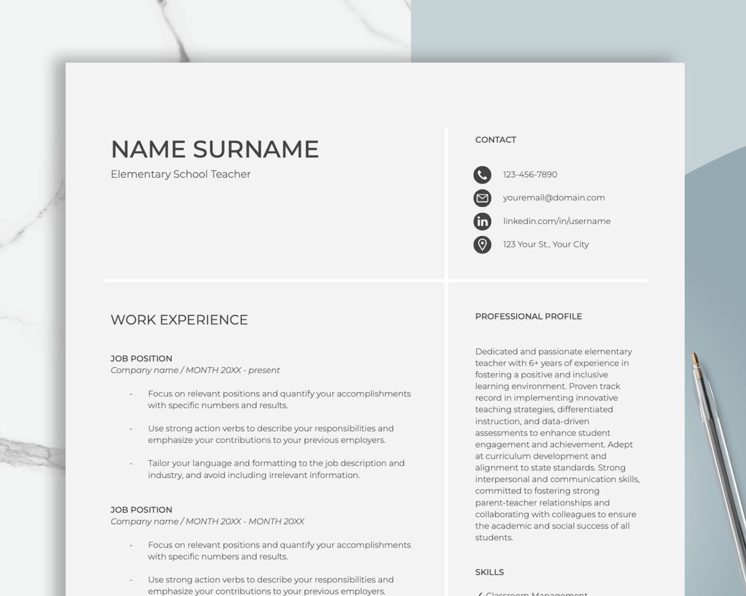 Modern Teacher Resume Template for Google Docs and Word Clean - Etsy