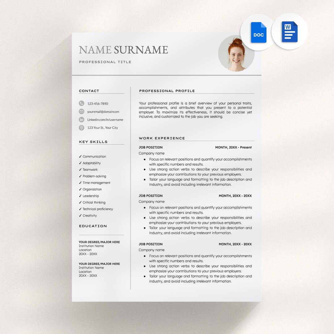 Resume Template, CV Template, CV Template Word, Resume Google Docs ...