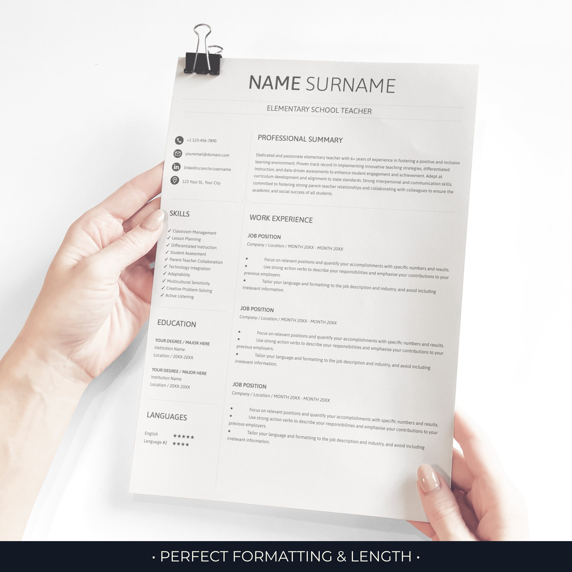 Teacher Resume Template, for Google Docs and Word, Simple and Clean ...
