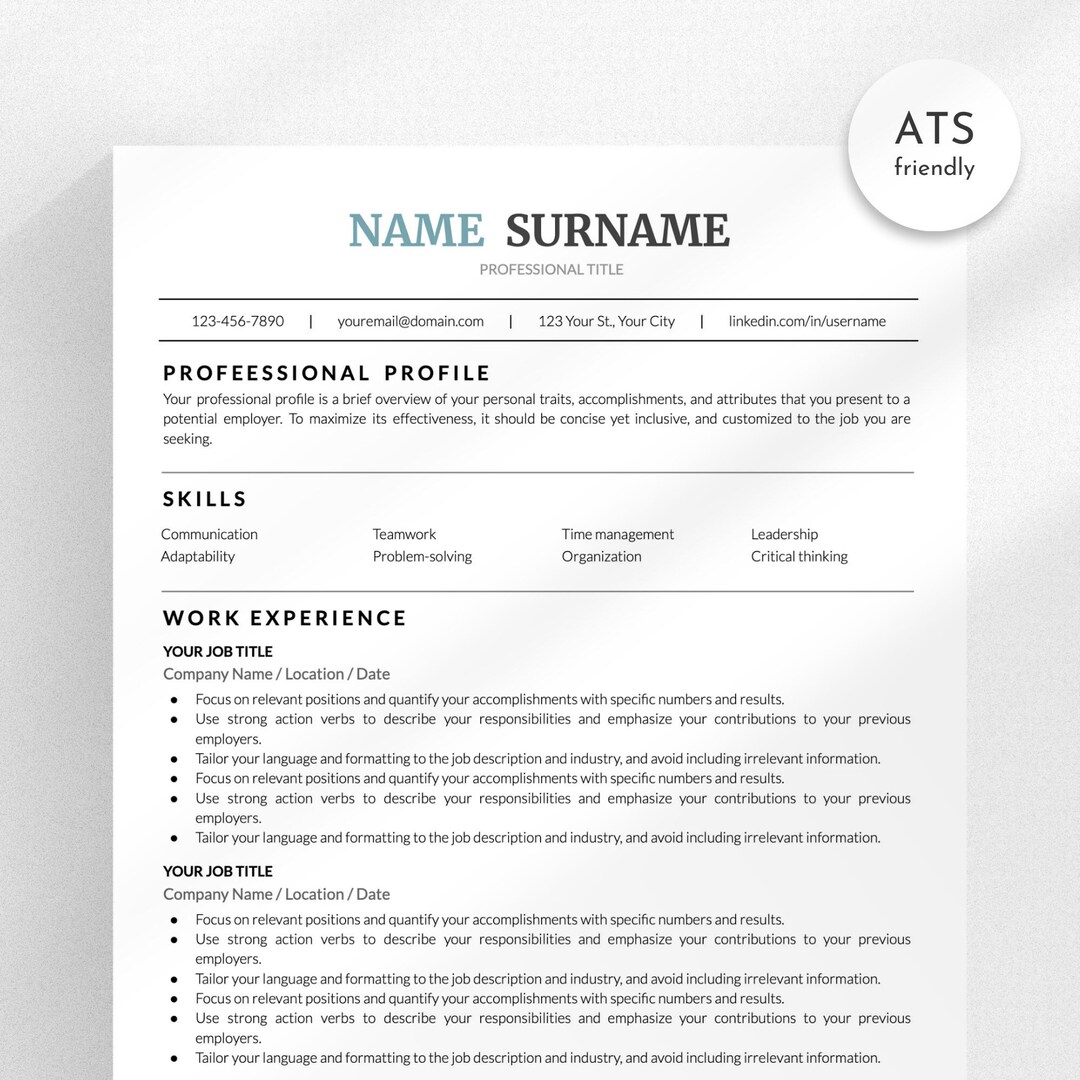ATS Friendly Resume Template Word, Google Docs, ATS Resume, ATS Cv ...