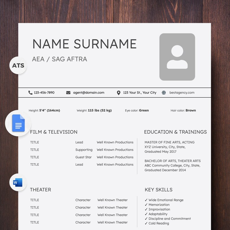 Actor Resume Template Google Docs Creative Acting Resume - Etsy