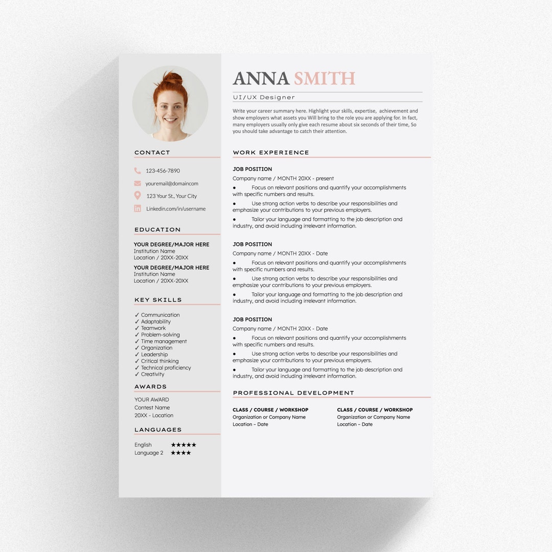 Google Docs Resume Template With Photo, CV Template With Photo, Google ...