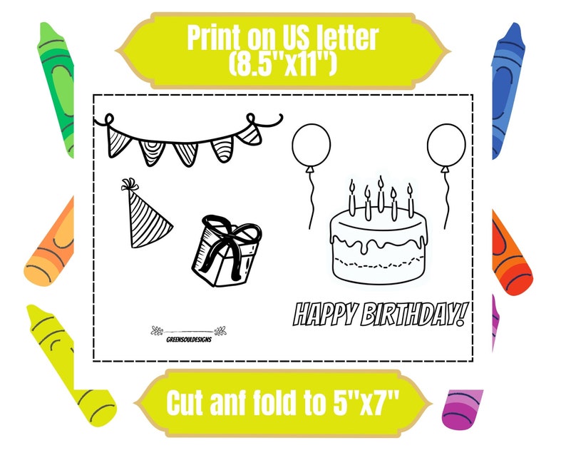 Printable Birthday Card 5"x7", Colouring Birthday Card, Printable Card ...