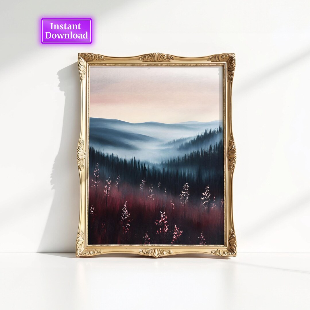 Moody Landscape Print Vintage Printable Wall Art Maroon Wildflower ...