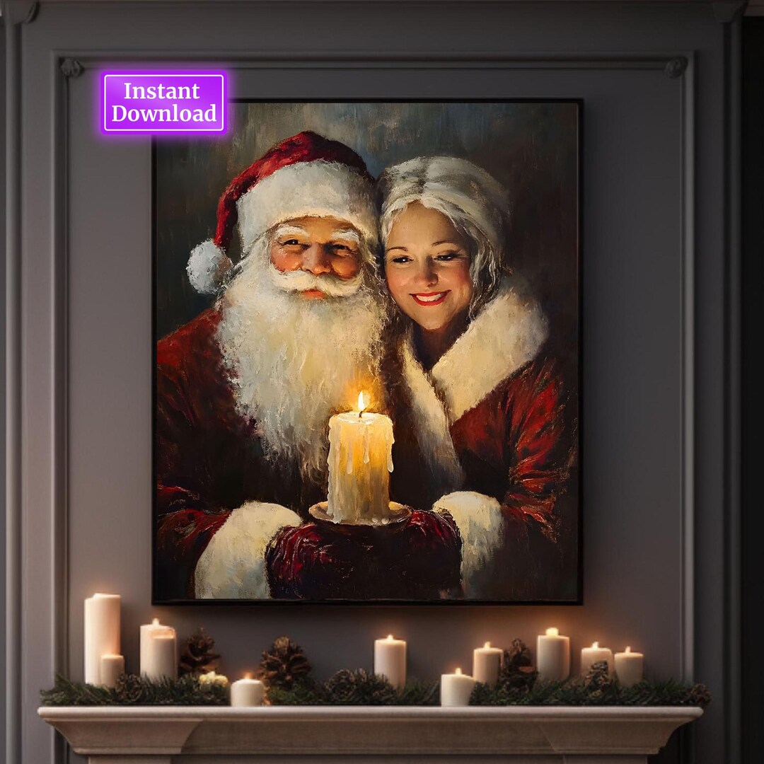 Moody Vintage Santa Wall Art Print Rustic Oil Painting Style Dark ...