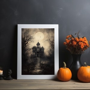 Halloween Vintage Print Haunted House Wall Art Dark Academia Print ...
